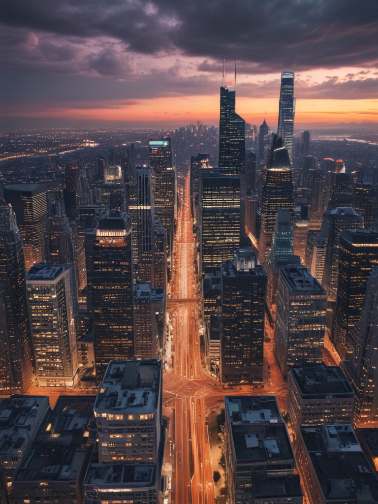 Stunning Aerial View of a City Skyline During a Vibrant Sunset