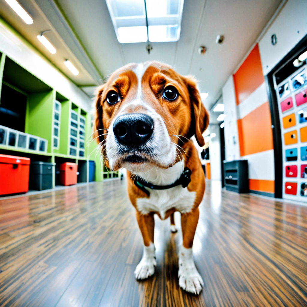 cute dog sniffing the fisheye lens camera closely