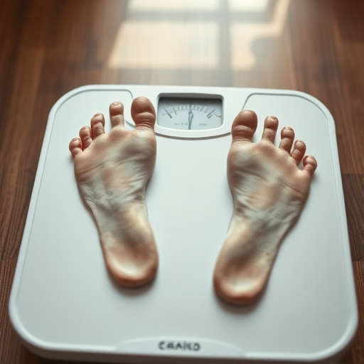 Create an image of a weight scale with footprints on it, shot in close ...