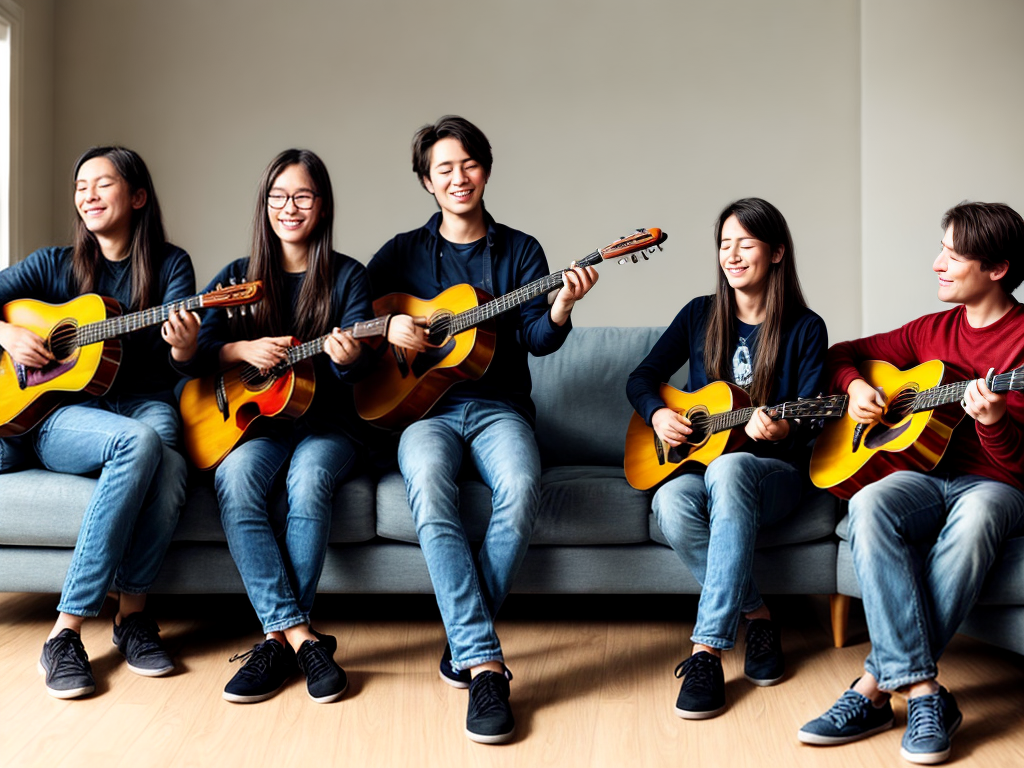 four frogs playing music in a living room. One of them is female and ...