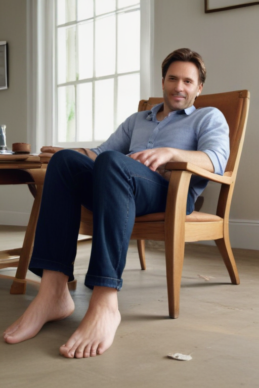 Charles Esten sitting in a chair with his bare feet propped up on a ...