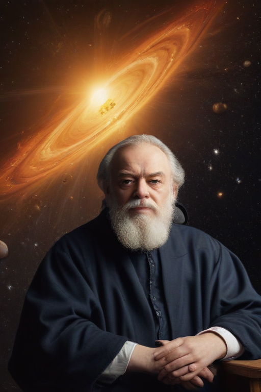 Galileo Galilei flying around the sun and solar system like a superhero