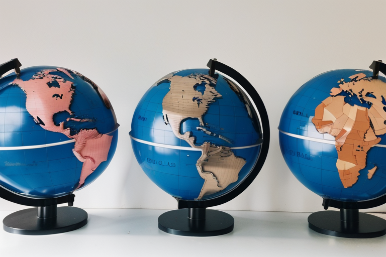 Three Globes Displaying Different Views of Earth's Continents and Oceans