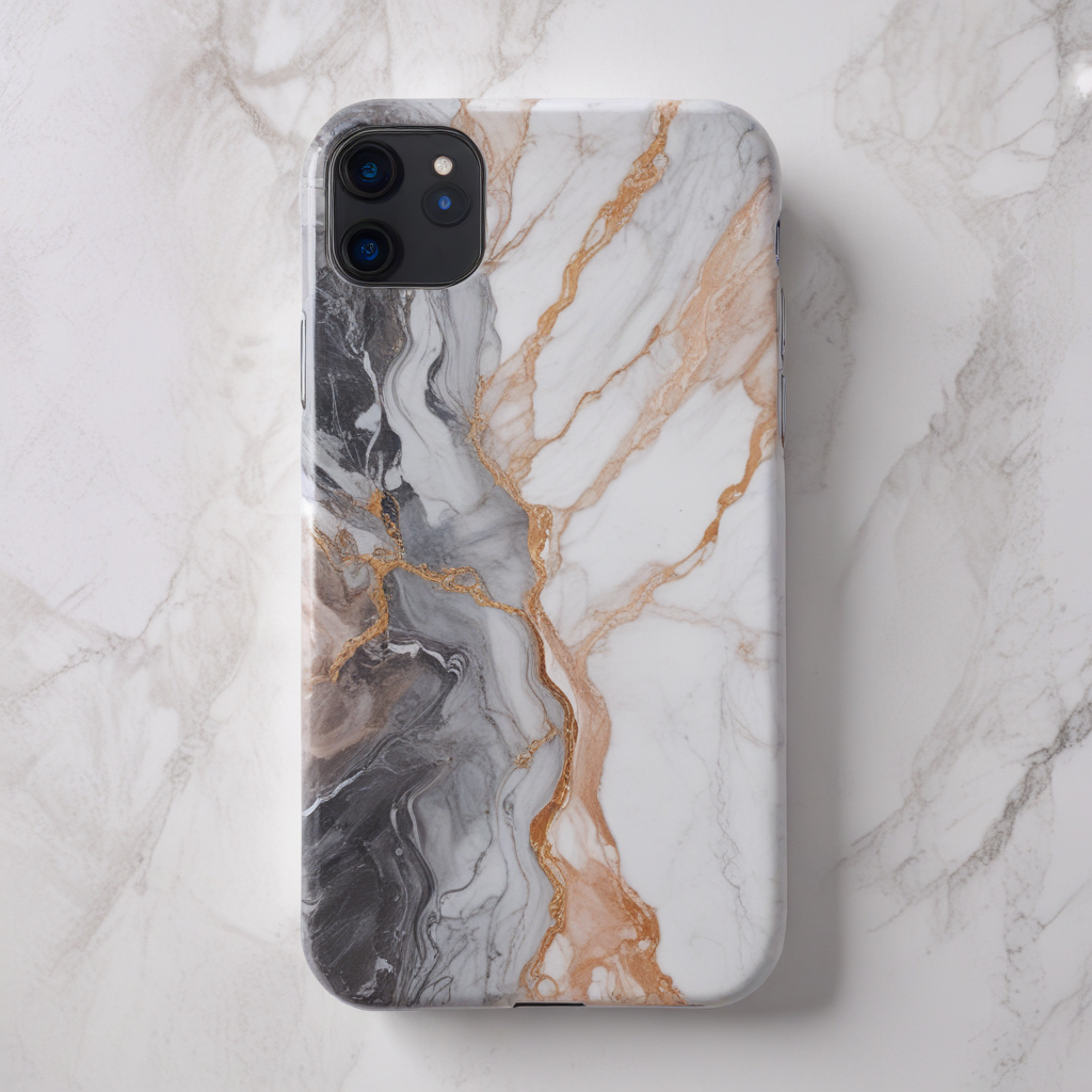 Elegant Marble Phone Case Featuring Striking Black, White, and Gold Veins.