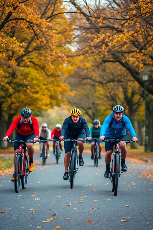 create a vibrant outdoor scene of cyclists riding in a park during ...