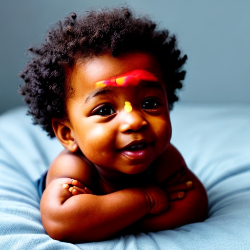 Black infant sitting up with short curly hair