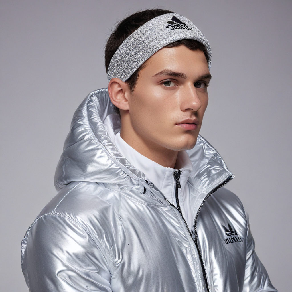 Male supermodel adidas shiny puffer jacket bling jewellery hood headband