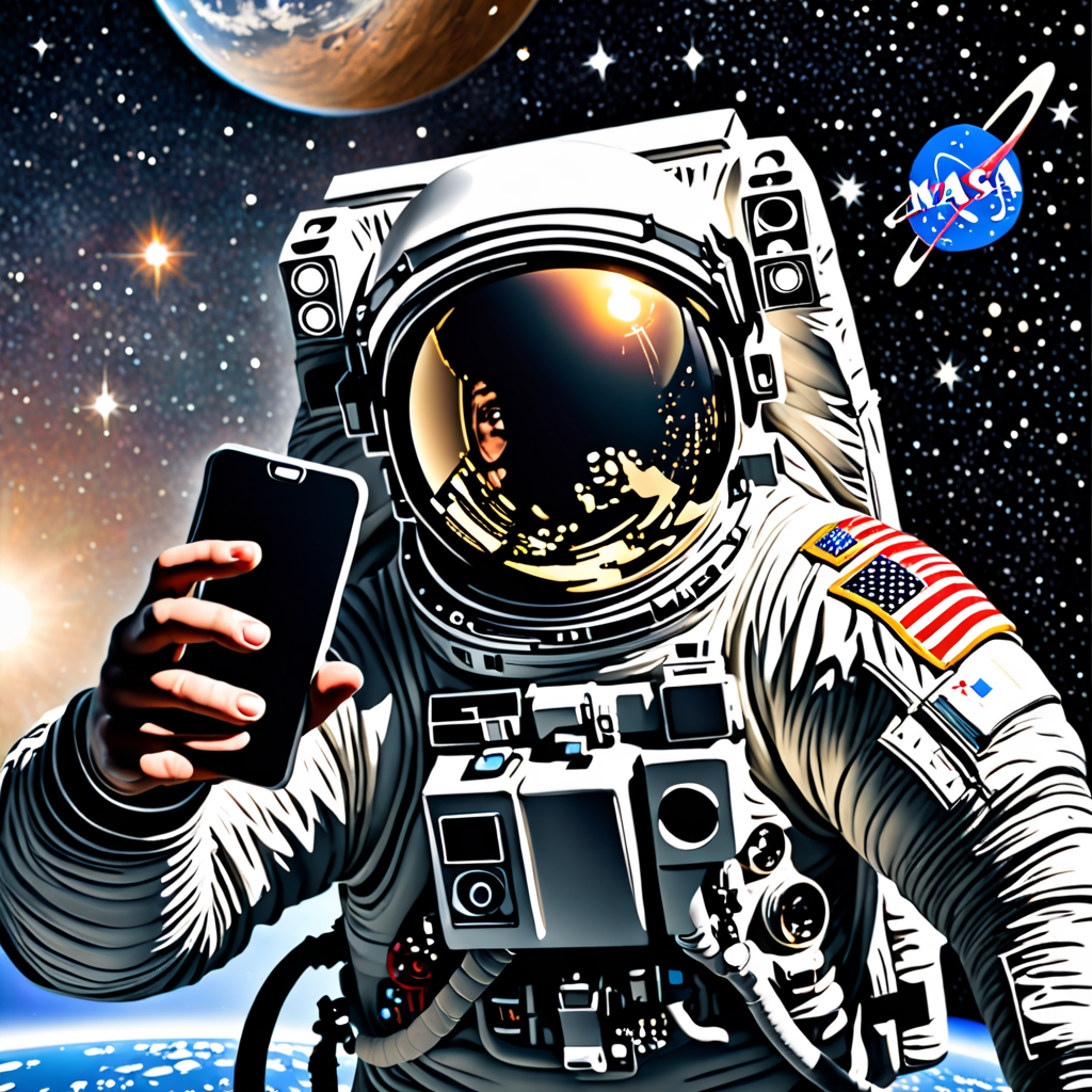 Astronaut with cell phone in space