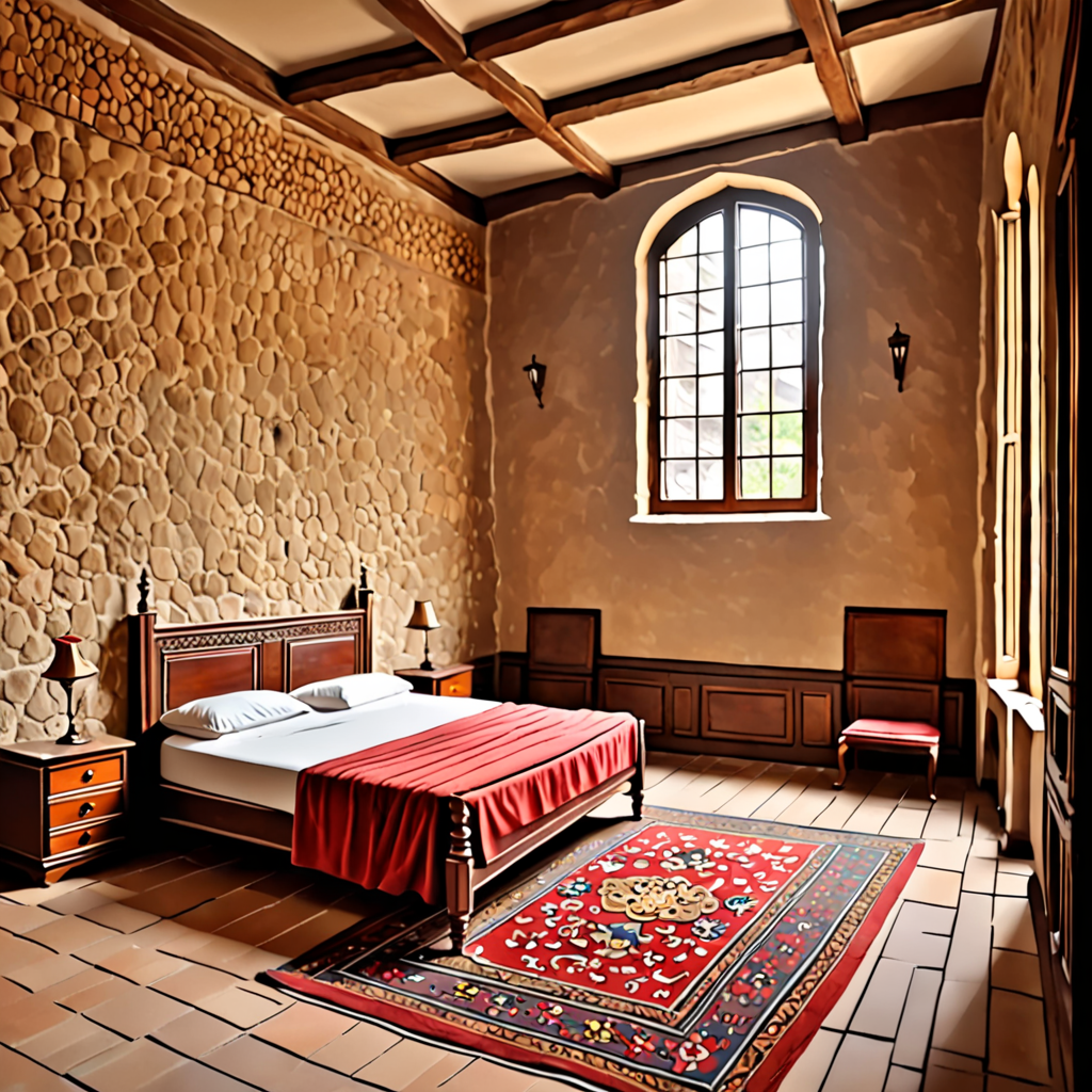 Empty bedroom in a medieval palace. No people. Flat colors.