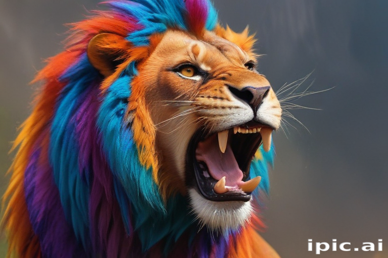 A Vibrant and Colorful Lion Roaring with a Stunning Rainbow Mane.