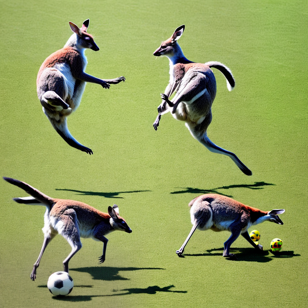 A kangaroo kicking a possum into a soccer goal