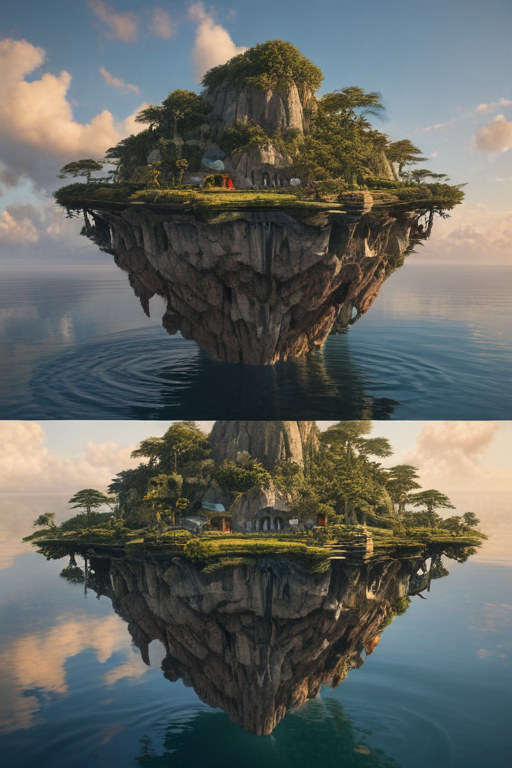 A Majestic Floating Island Surrounded by Tranquil Waters and Lush Nature