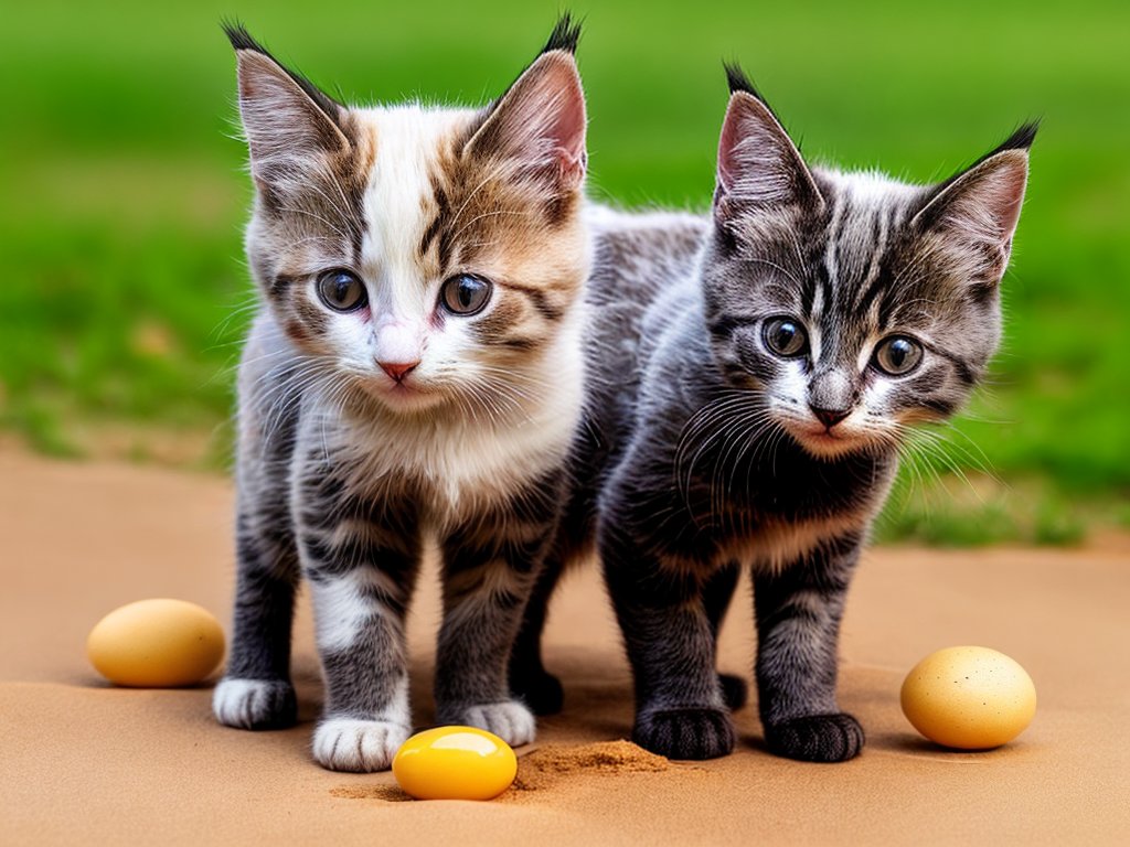 Generate a picture of a kittens crawling out of broken egg shells ...