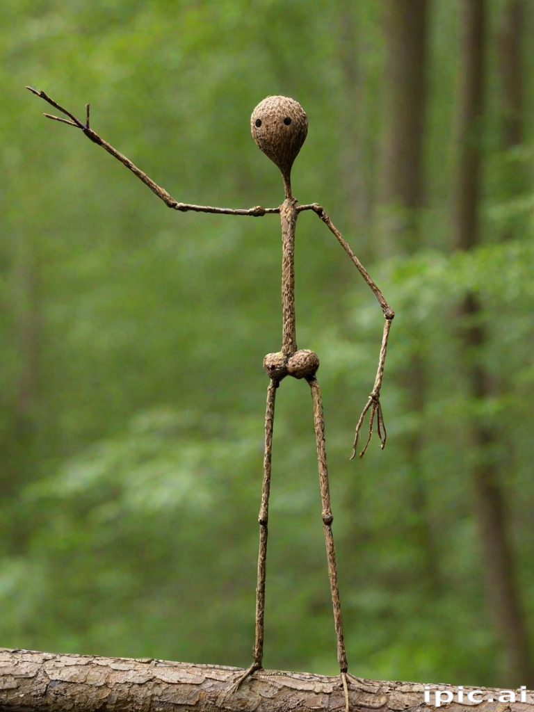 A Whimsical Stick Figure Waves Cheerfully in a Lush Forest Setting.