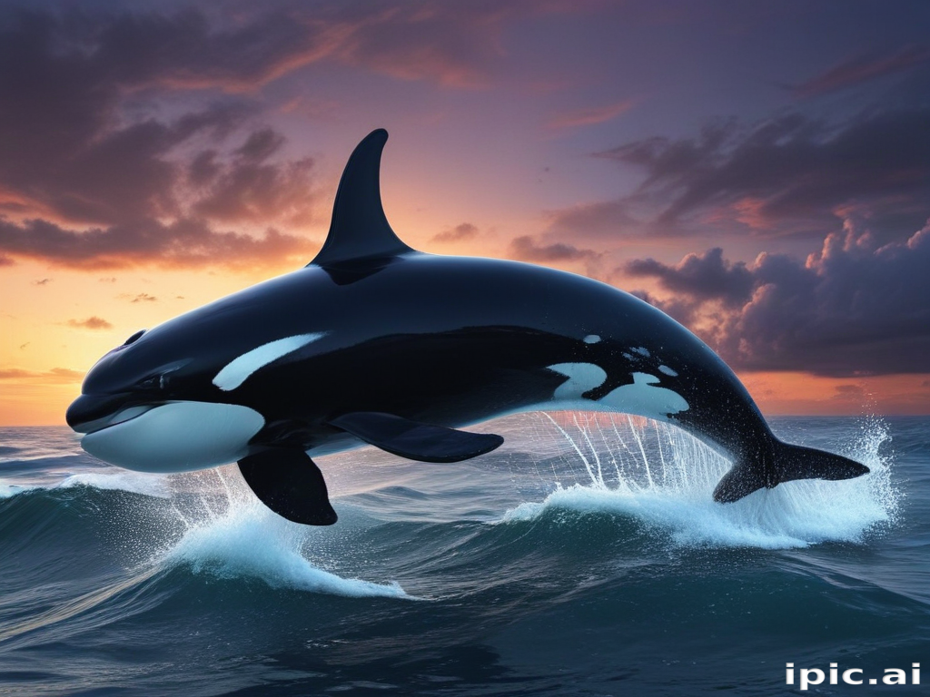 Majestic Orca Leaping Through Waves Against a Stunning Sunset Sky