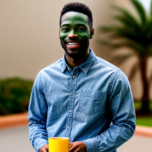 black man holding caca smiling widely