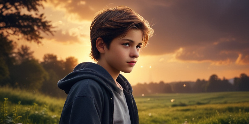 Contemplative Boy Gazing at a Beautiful Sunset Over a Meadow