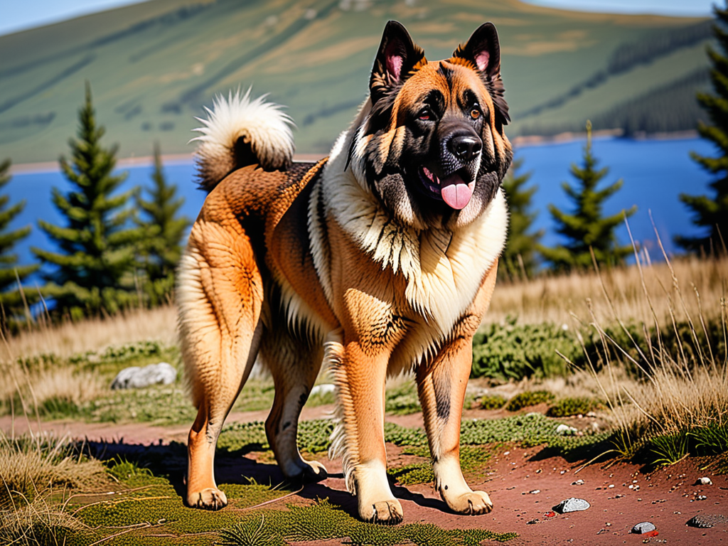 A Majestic Akita Dog Standing Proudly Amidst Scenic Nature Landscape