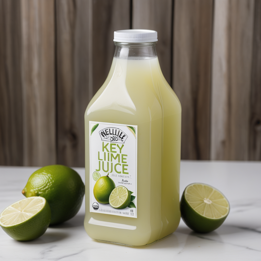 Freshly Squeezed Key Lime Juice in a Bottle with Limes Nearby.
