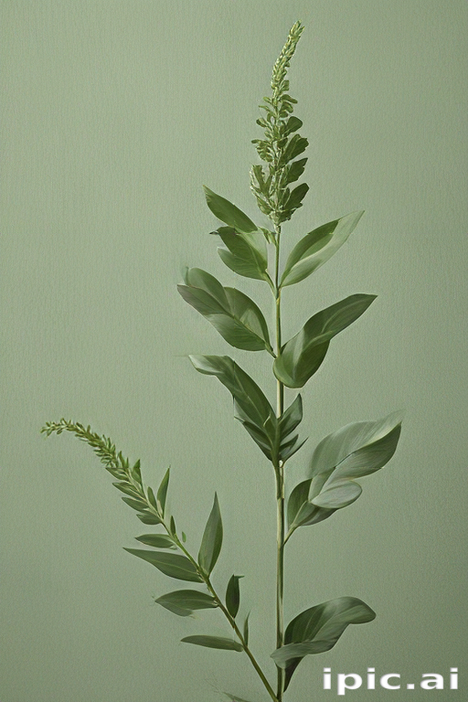 Elegant Green Stem with Leaves Against a Soft Green Background