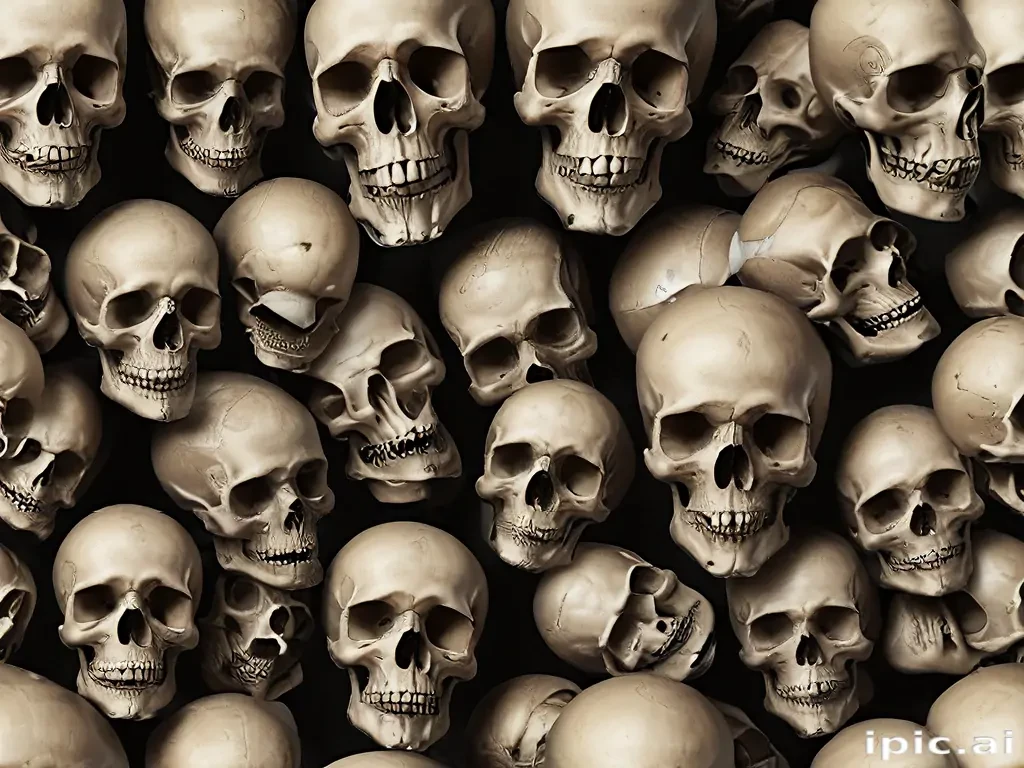 A Cluster of Human Skulls Displaying Varied Expressions and Details.