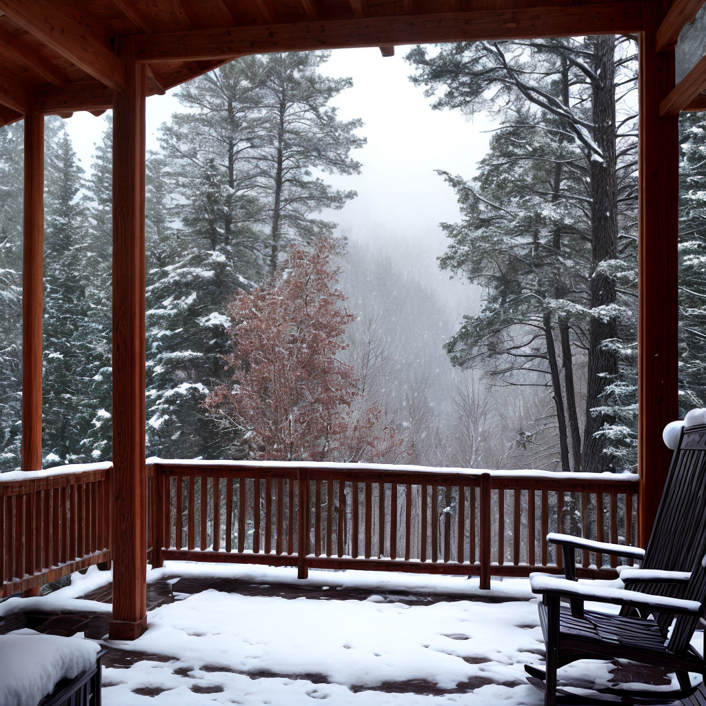 porch, cabin and snow falling outside