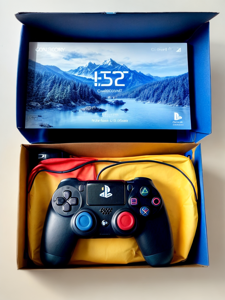 A Play Station 1 console inside a large cardboard box seen from the front