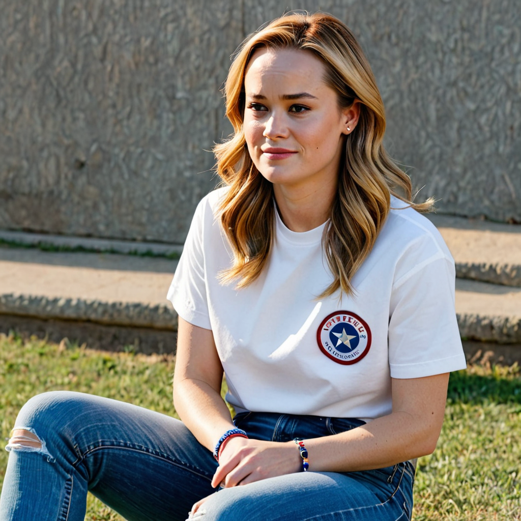 Mcu Brie Larson Carol Danvers Sitting in White Shirt, Blue Jeans, White ...