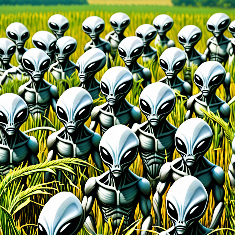 Alien horde, cartoon art style on a farm