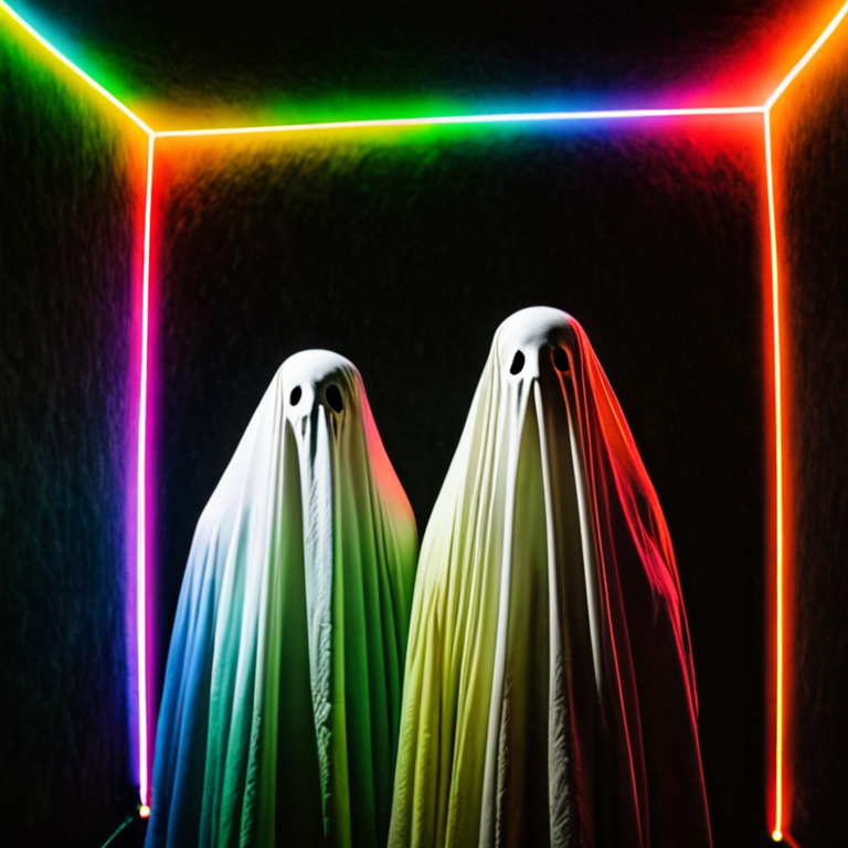 two ghosts in a dark room with rainbow lighting
