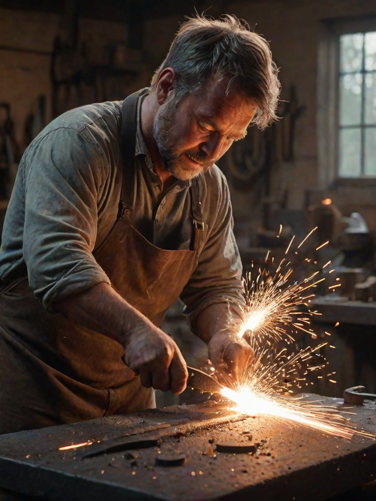 A Skilled Blacksmith Creating Art Through Fire and Metalwork in Workshop.