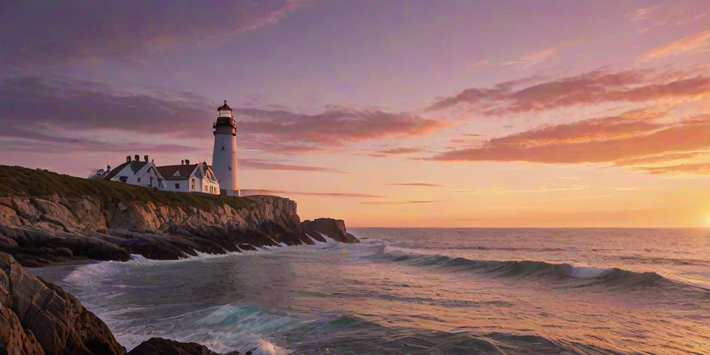 Beautiful Sunset Over a Coastal Lighthouse Surrounded by Gentle Ocean Waves