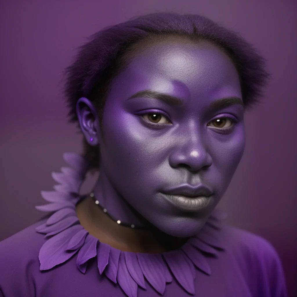 Striking Portrait of a Person with Vibrant Purple Skin and Floral Accents
