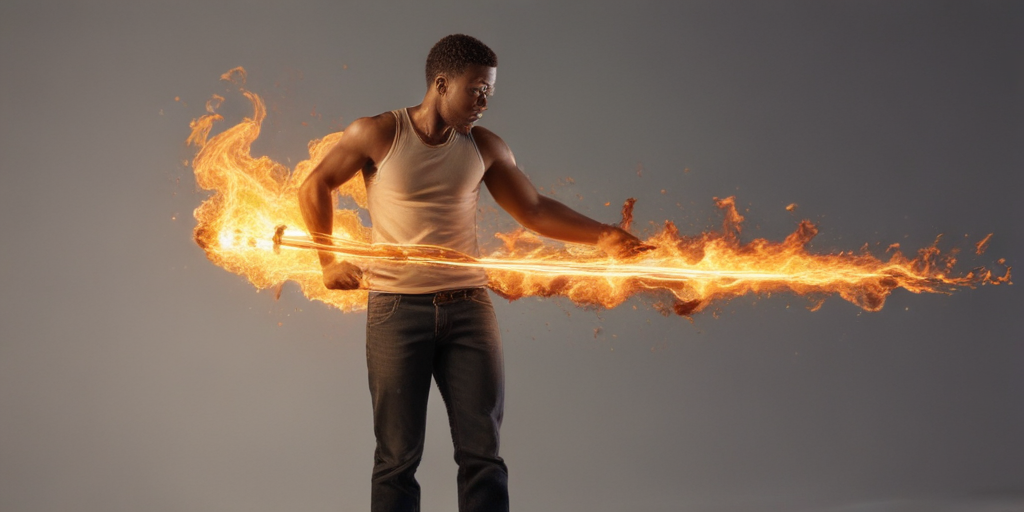 A Young Man Wielding a Flaming Sword in a Dynamic Action Pose.