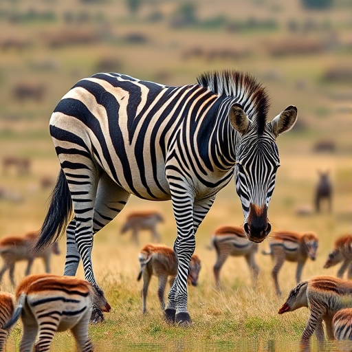A Striking Zebra Grazes Among a Herd of Young Antelopes in Nature.