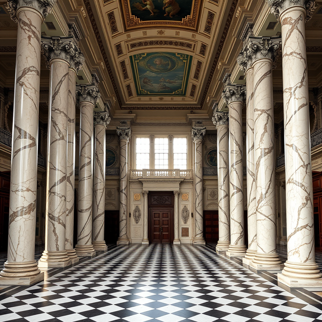 Grand Interior of a Historic Building with Majestic Columns and Artwork