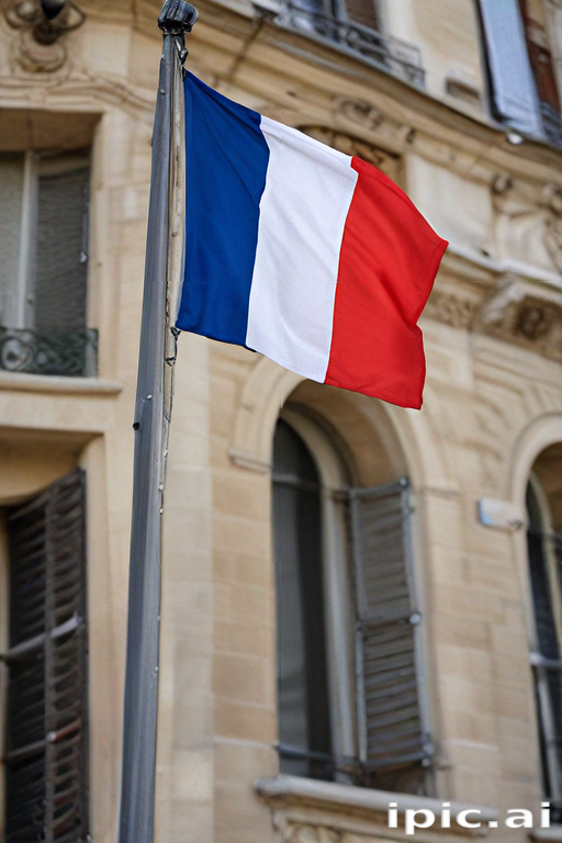 Waving French Flag in Front of Historic Building in Paris, France.