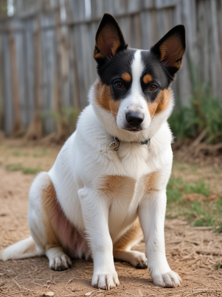 A Playful Dog Sitting Outside in a Sunny Backyard Setting.