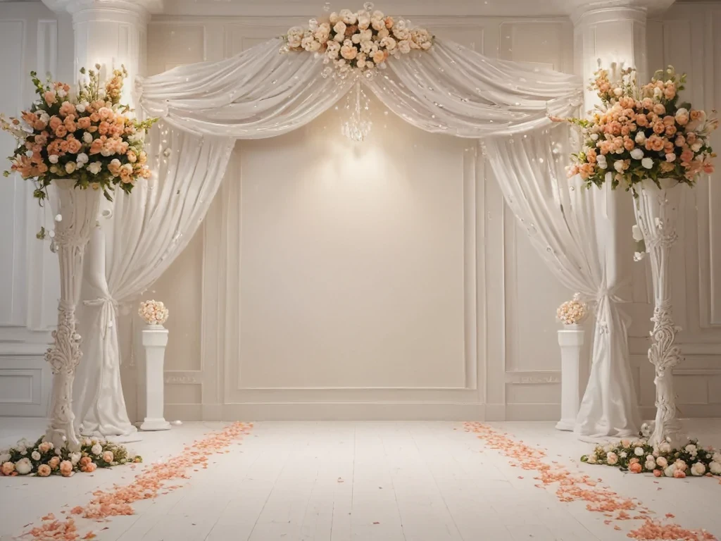 Elegant Wedding Ceremony Setup with Floral Arrangements and Draped Fabrics