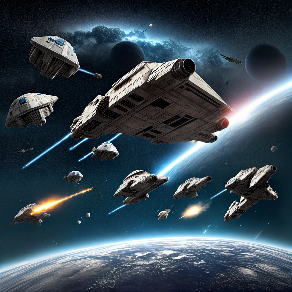 A spaceship with stormtroopers navigating through space with meteors ...