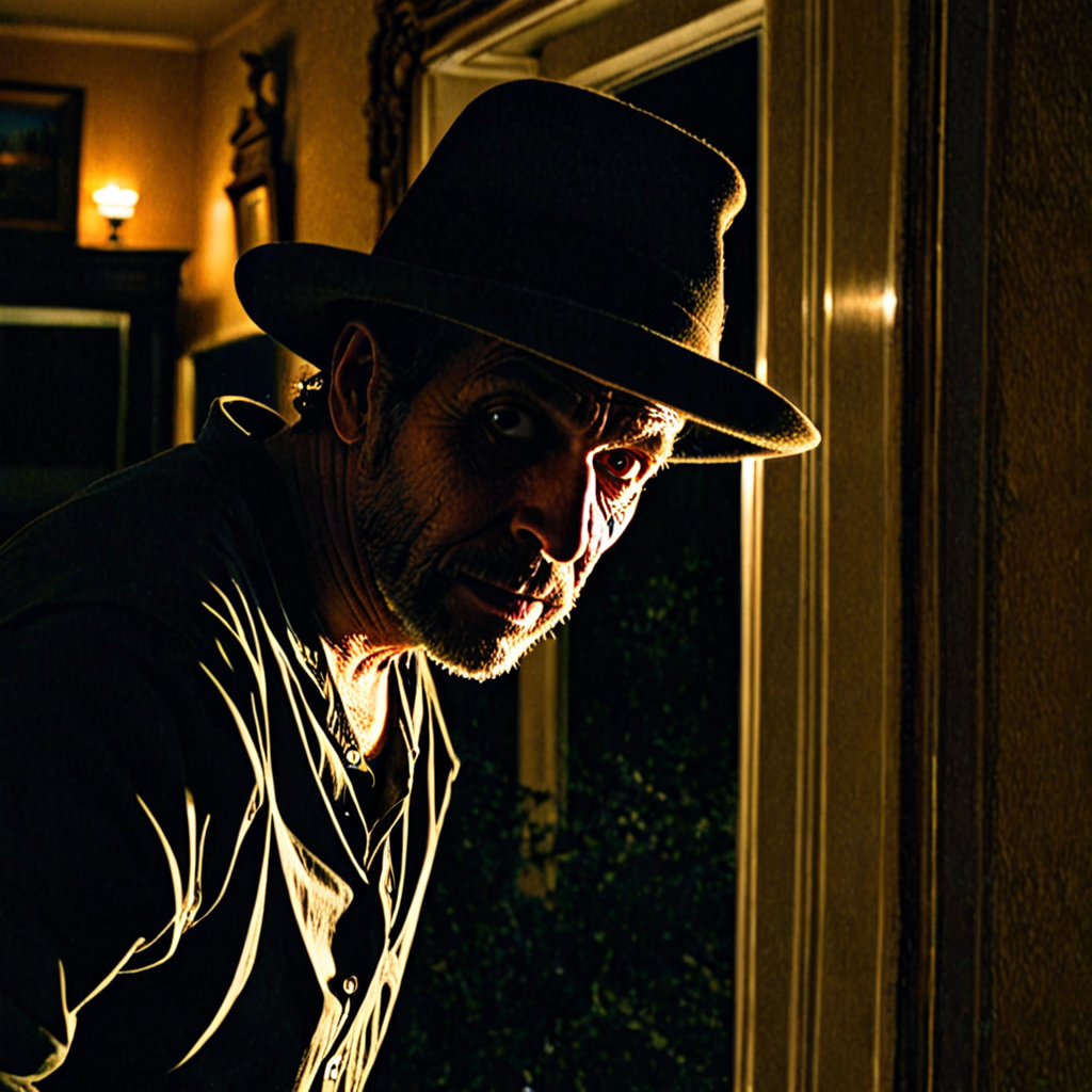 creepy hat man at night inside house