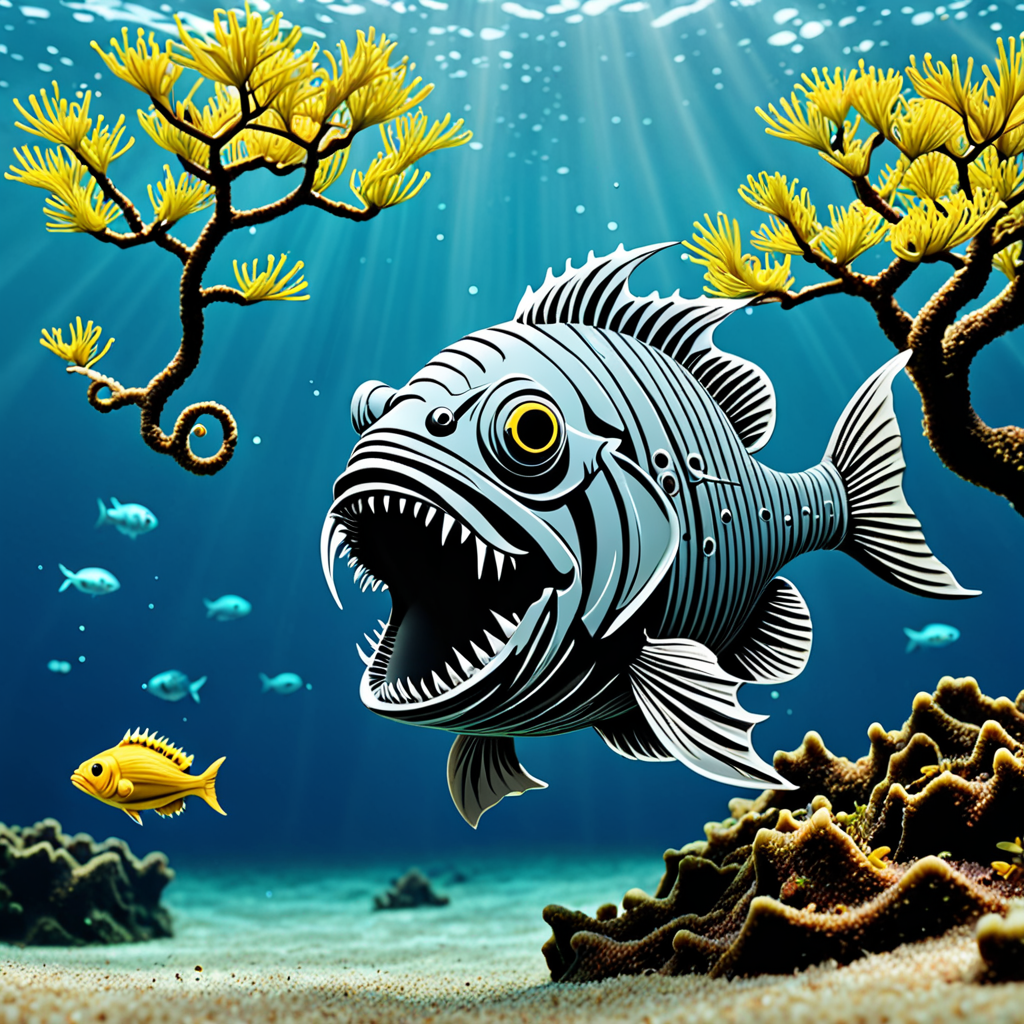 Cartoon angler fish eating a bonsai tree in the depths of the sea