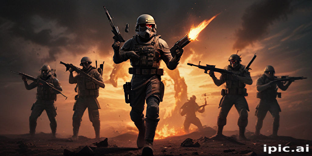 Epic Battle Scene Featuring Armed Soldiers in a Fiery War Landscape
