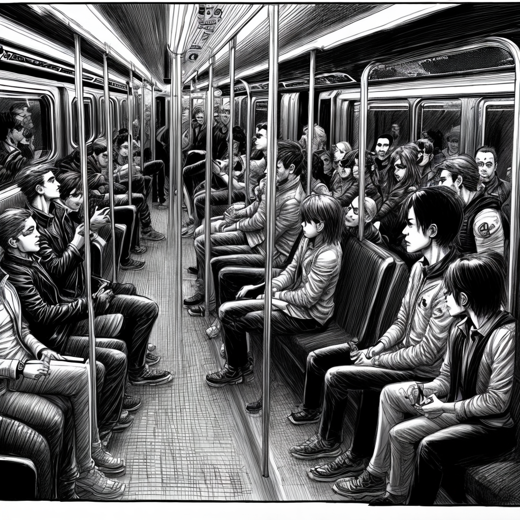 NIGHT CLUB IN SUBWAY TRAIN. WIDE ANGLE. COMIC BOOK. SKETCH STYLE. BLACK ...