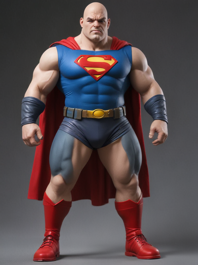 Realistic, short dwarf chubby bald guy, realistic superman costume, red ...