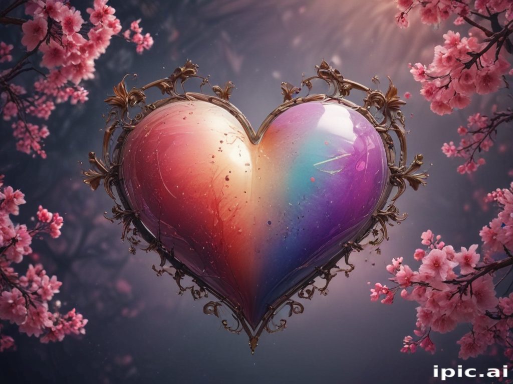 A Colorful Heart Surrounded by Delicate Cherry Blossom Flowers in Bloom