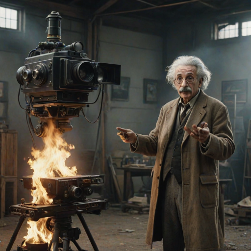 Famous Scientist Captured in a Dramatic Scene with a Vintage Camera