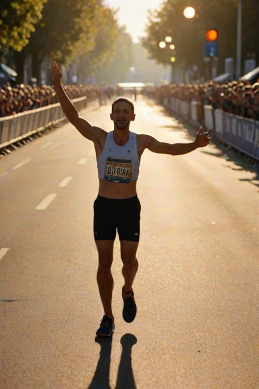 Runner Celebrates Victory with Joyful Expressions at the Finish Line
