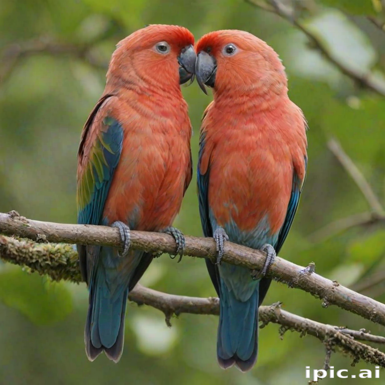 Two Vibrantly Colored Parrots Perched Together on a Branch, Displaying ...