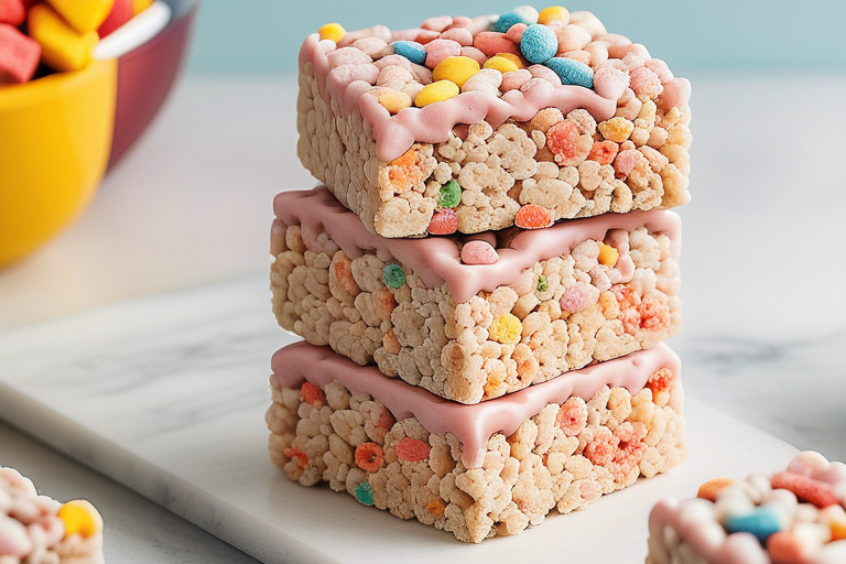 Colorful Rice Cereal Treats Topped with Vibrant Candy Sprinkles on a Plate.